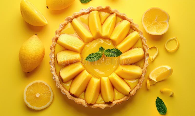 Mango and Lemon Curd Tart on a Pastel Yellow Background Stock Image ...