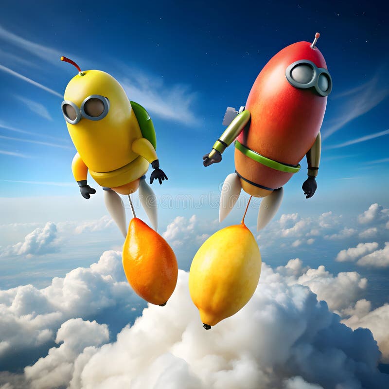 A Mango and a Lemon Racing Each Other in the Sky, Both Wearing Playful ...