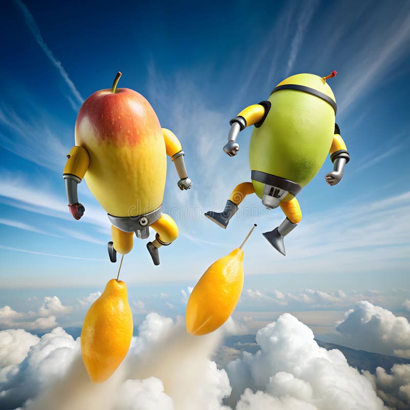 A Mango and a Lemon Racing Each Other in the Sky a Stock Illustration ...