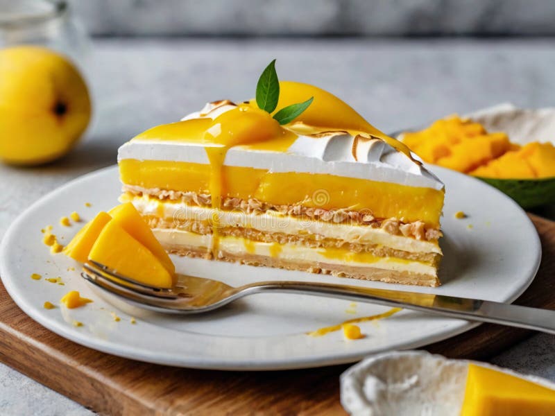 Mango Meringue Cake with Mango and Lemon Juice Sauce, Slice on White ...