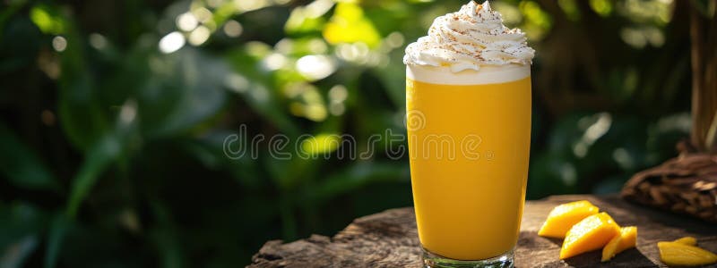 Mango Milkshake on a Background of Tropical Leaves. Selective Focus ...