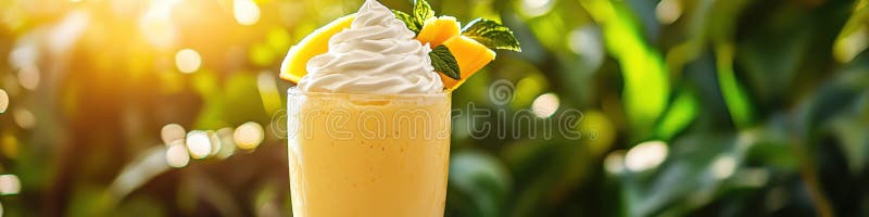 Mango Milkshake on a Background of Tropical Leaves. Selective Focus ...