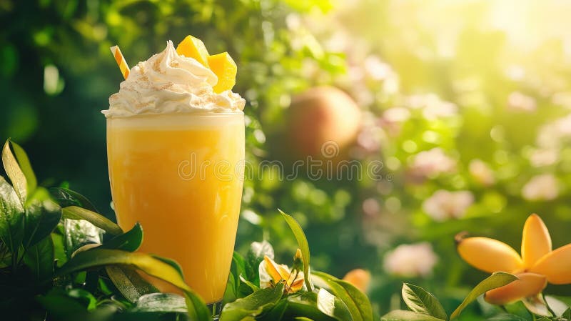 Mango Milkshake on a Background of Tropical Leaves. Selective Focus ...