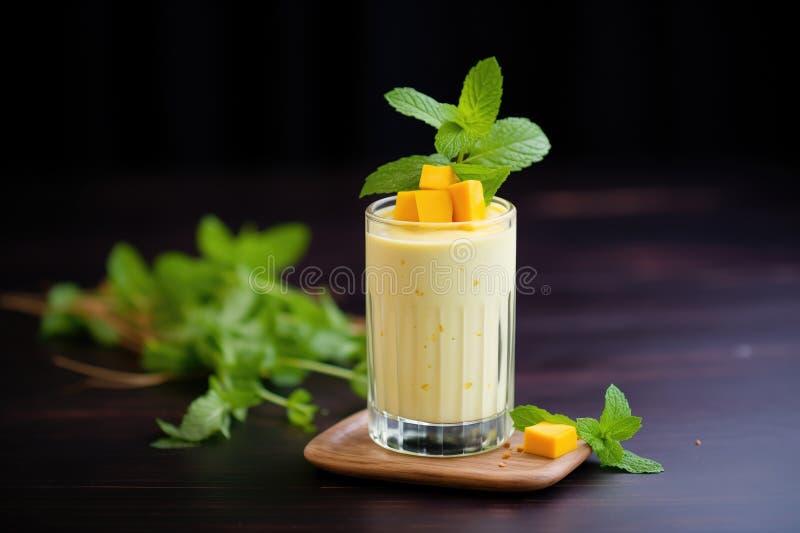 Mango Milkshake with Mango Chunks and Mint Leaf Garnish Stock Image ...