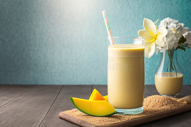 Mango MilkShake in a Glass, in an Aqua Background. Generative AI. Stock ...