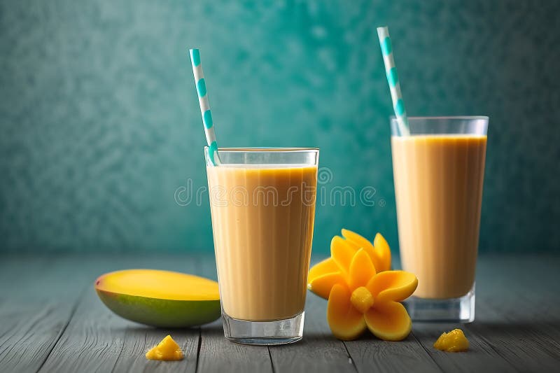 Mango MilkShake in a Glass, in an Aqua Background. Generative AI. Stock ...
