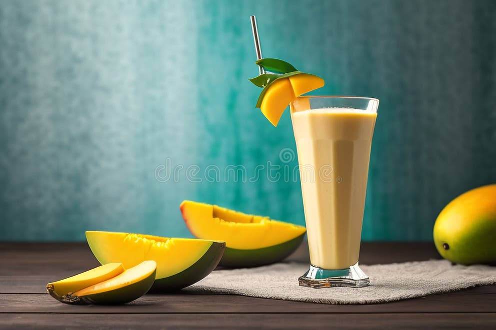 Mango MilkShake in a Glass, in an Aqua Background. Generative AI. Stock ...