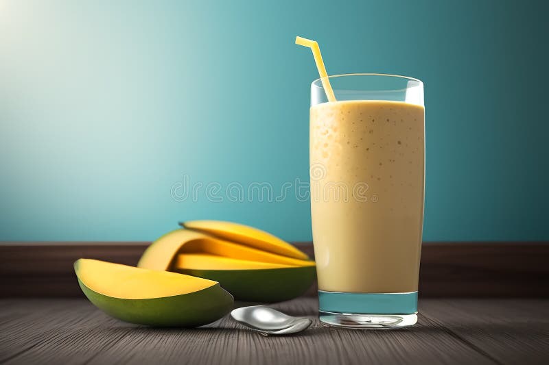 Mango MilkShake in a Glass, in an Aqua Background. Generative AI. Stock ...