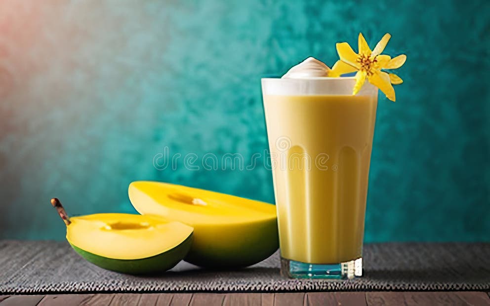 Mango MilkShake in a Glass, in an Aqua Background. Generative AI. Stock ...