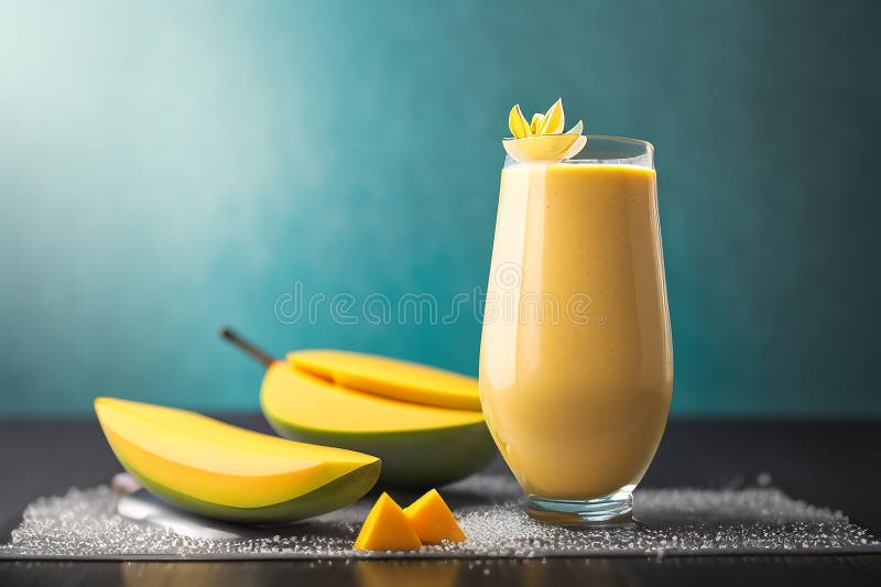 Mango MilkShake in a Glass, in an Aqua Background. Generative AI. Stock ...