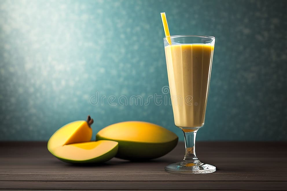 Mango MilkShake in a Glass, in an Aqua Background. Generative AI. Stock ...