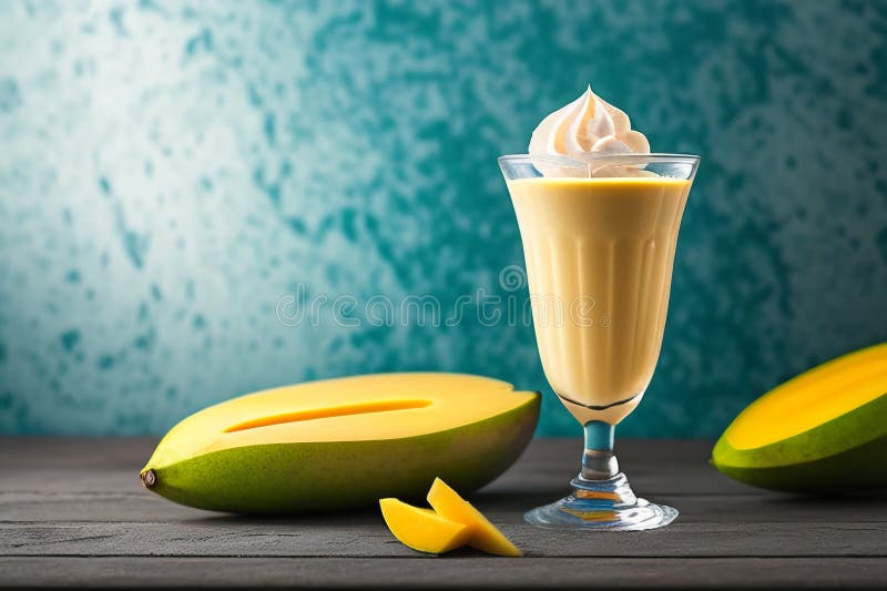 Mango MilkShake in a Glass, in an Aqua Background. Generative AI. Stock ...