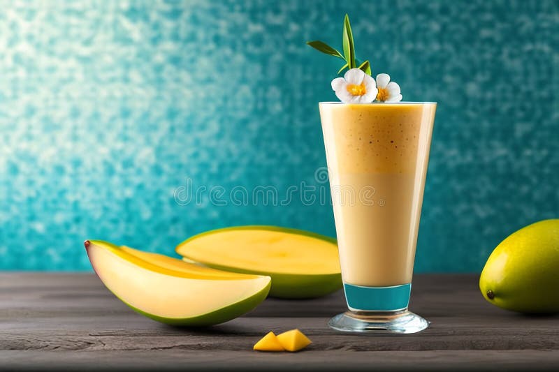 Mango MilkShake in a Glass, in an Aqua Background. Generative AI. Stock ...