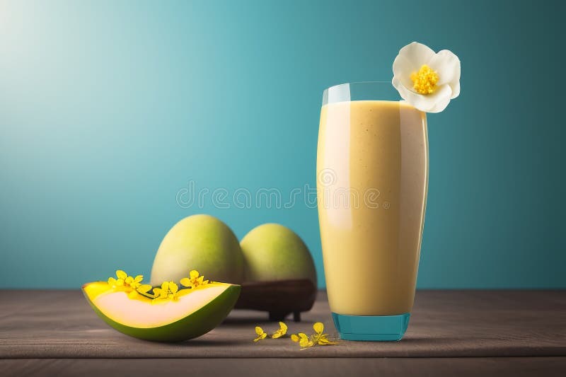 Mango MilkShake in a Glass, in an Aqua Background. Generative AI. Stock ...
