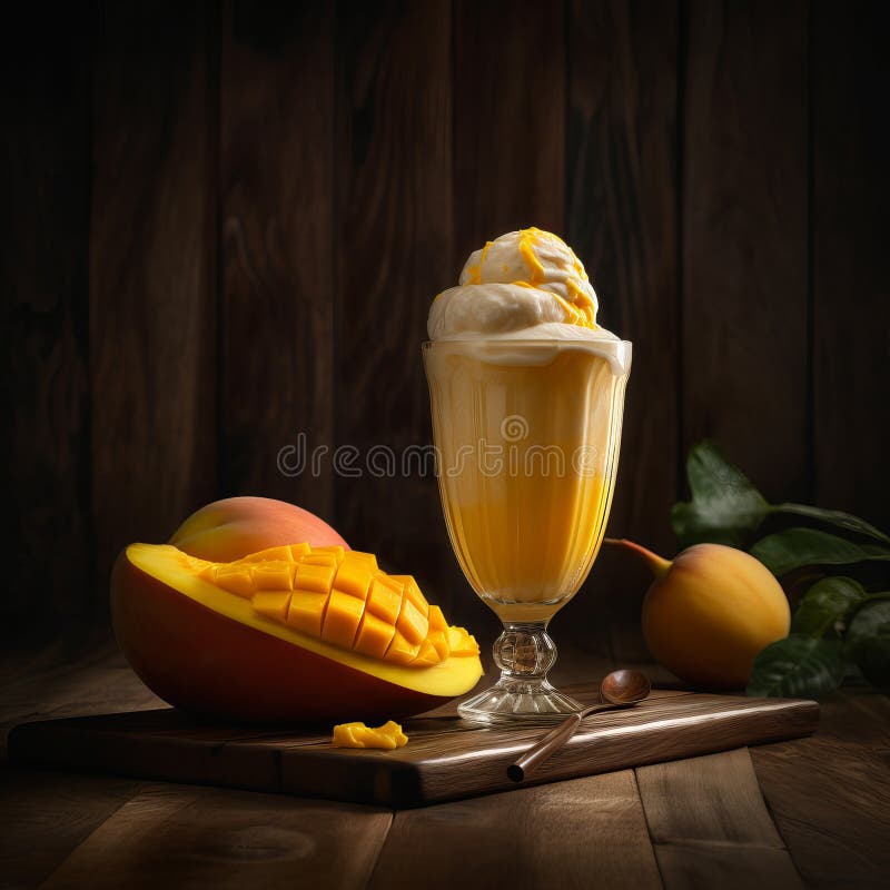 A Mango Milkshake with Mango Fruit beside it on a Wooden Table Ai ...