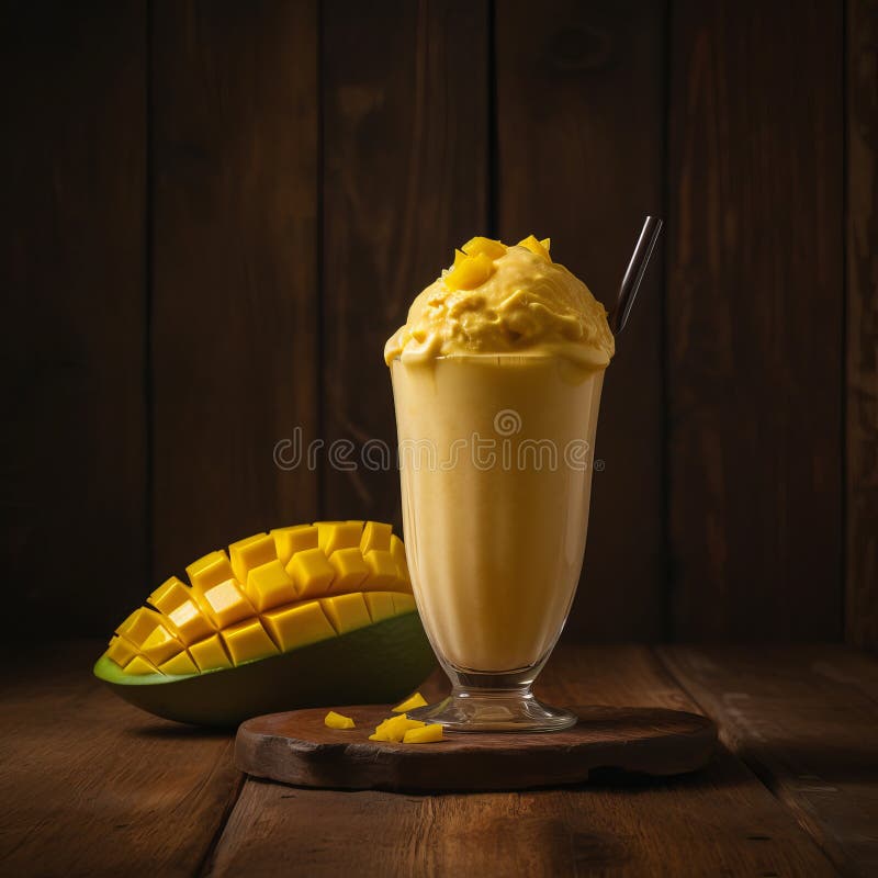 A Mango Milkshake with Mango Fruit beside it on a Wooden Table Ai ...