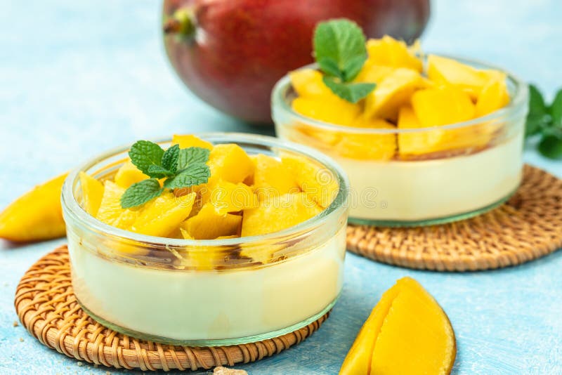 Mango Panna Cotta, Mango Desserts with Pieces of Fresh Mango on a Light ...