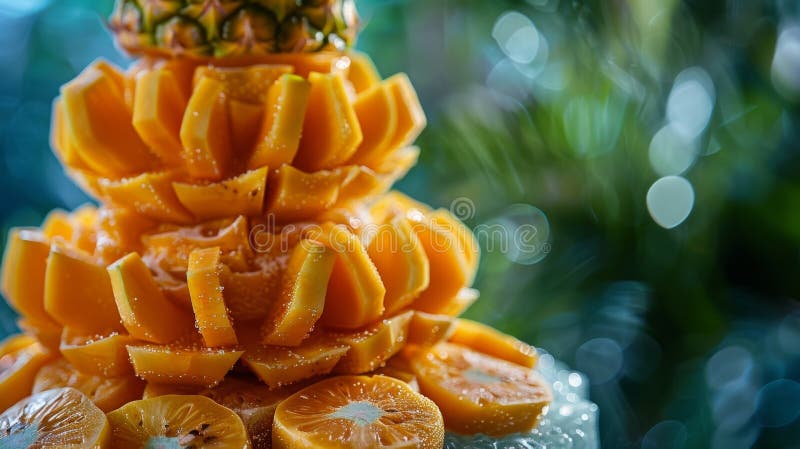Mango and Pineapple Intricately Carved into a Layered Tower Creating a ...