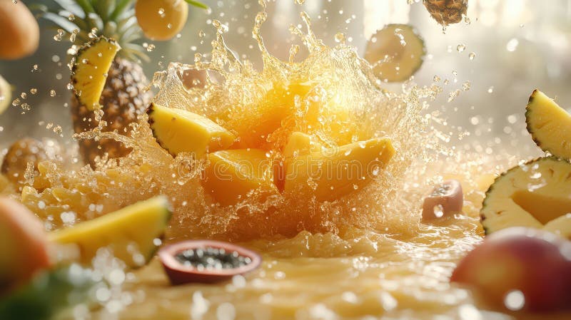 Mango, Pineapple, Passion Fruit Juices Exploding with Floating Fruit ...