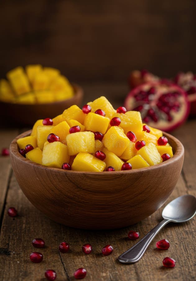Mango and Pomegranate Salad in Wooden Bowl Stock Illustration ...