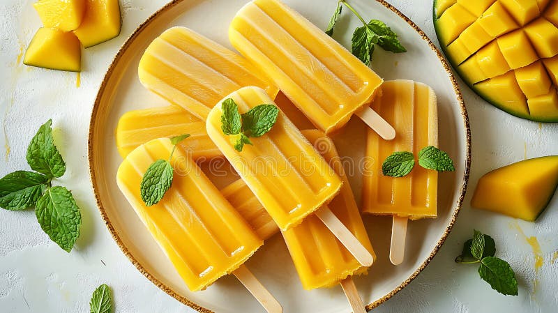 Mango Popsicles with Fresh Mint on a Plate Stock Illustration ...