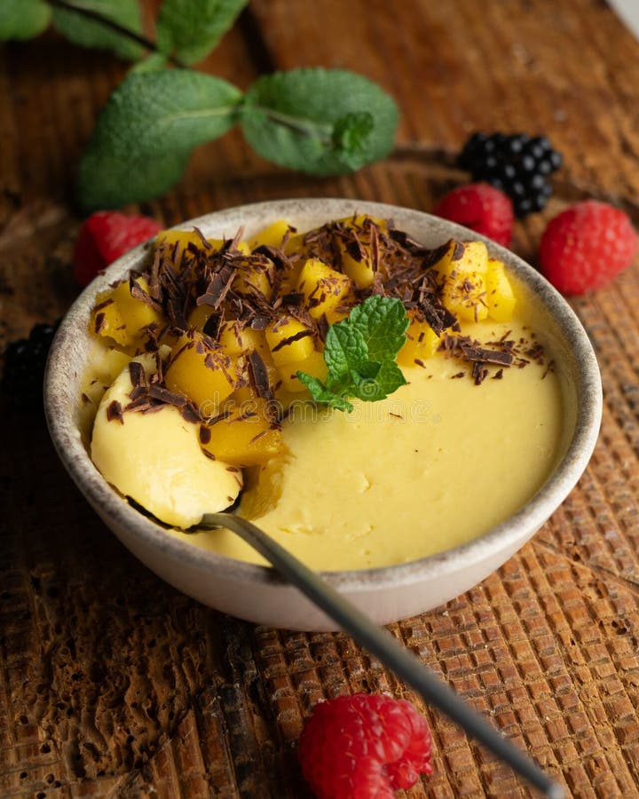 Mango Pudding with Chocolate and Fresh Fruit. Stock Photo - Image of ...