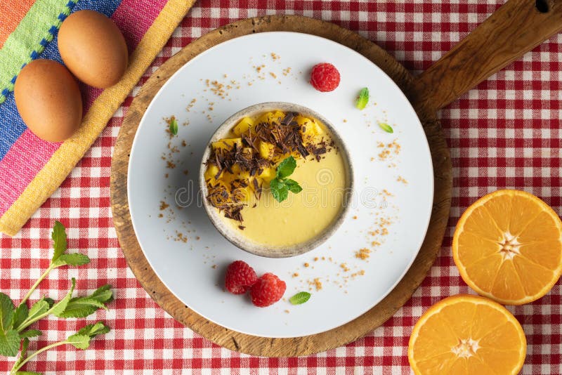 Mango Pudding with Chocolate and Fresh Fruit. Top View Table with ...