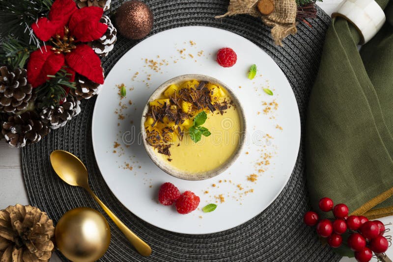Mango Pudding with Chocolate and Fresh Fruit. Top View Table with ...