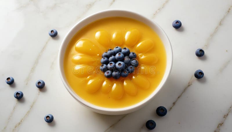Mango Pudding Topped with Blueberries in Flower Shape Stock ...