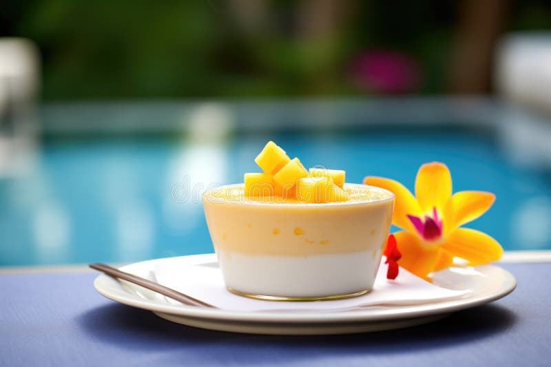 Mango Pudding, Tropical Flower Garnish, Poolside Table Stock Image ...