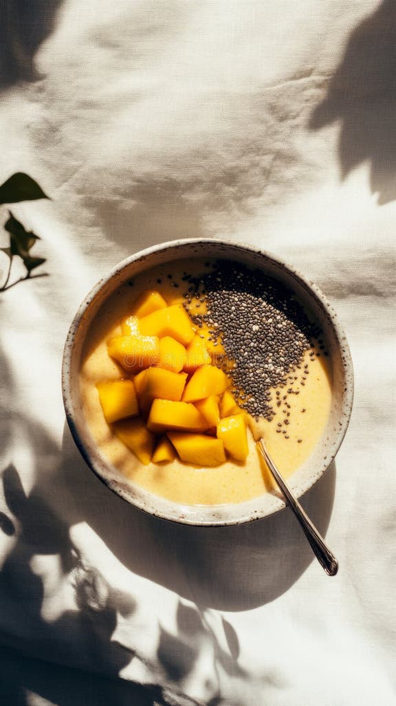 Mango Puree and Chia in a Smoothie Bowl, Surrounded by Dramatic Angular ...