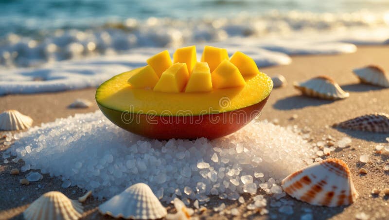 Juicy Mango Slices on Tropical Beach with Sea Salt and Shells Stock ...