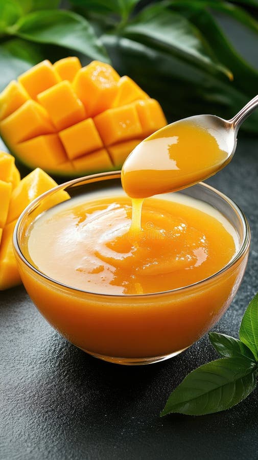 Mango Sauce Elegantly Drips from a Spoon into a Glass Bowl ...