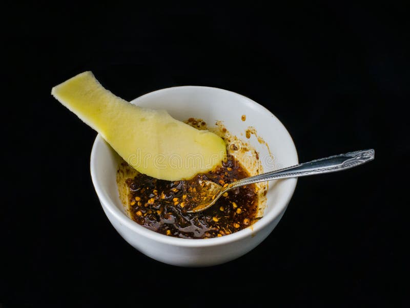 The Mango Slice in the Cup with Spicy Sauce Stock Photo - Image of ...