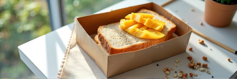Mango Slices on Bread in Cardboard Lunchbox by Sunlit Window Stock ...