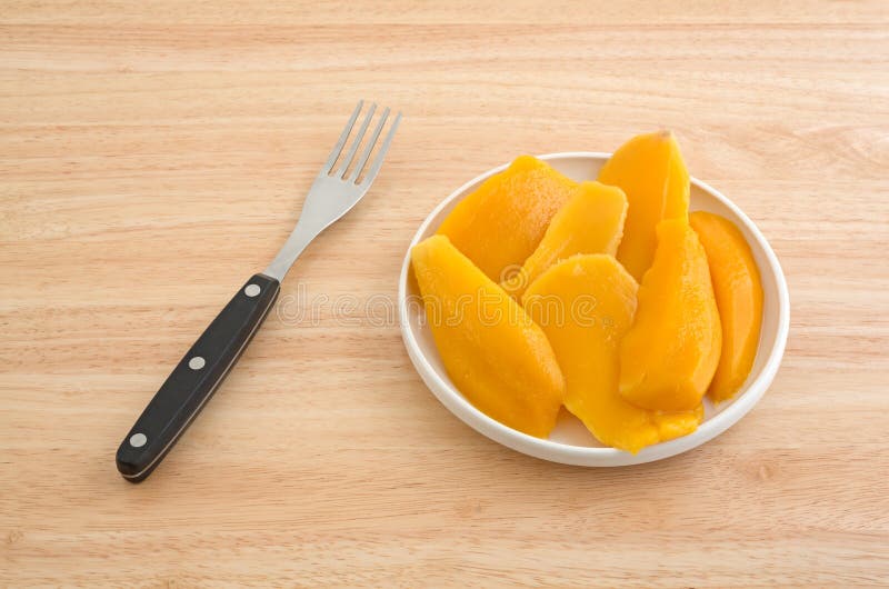 Mango Slices in Dish with Fork Stock Photo - Image of dessert, plate ...