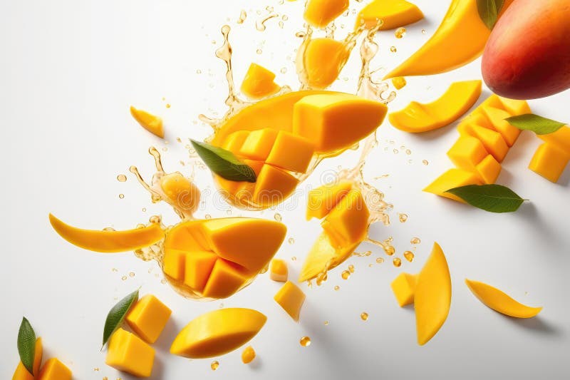 Mango Slices Flying on White Background, Floating in the Air ...