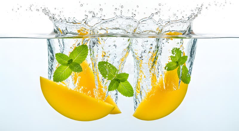 Mango Slices and Mint Dropping in Water Creating Splash Stock ...