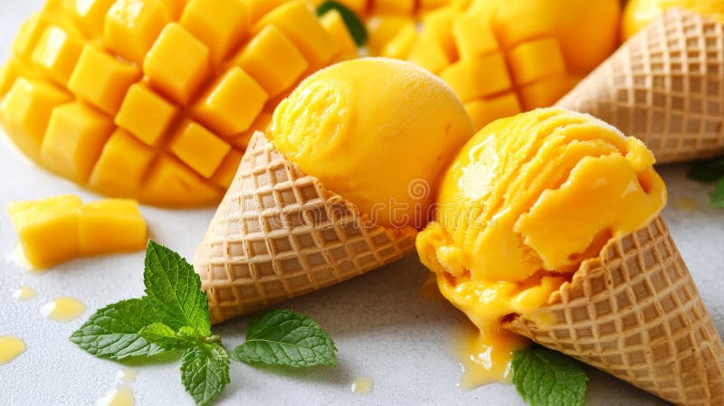 Mango Slices and Mint Leaves are Placed with a Melting Cone of Mango ...