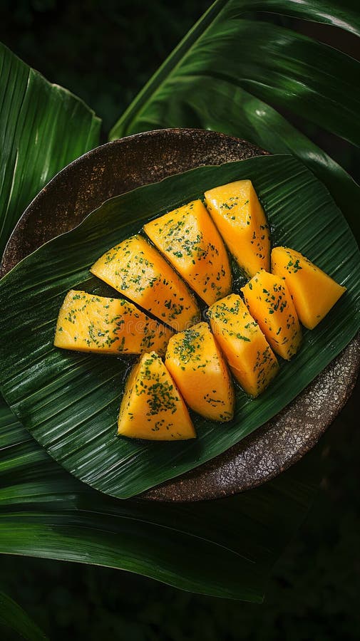Mango Slices on Palm Leaf Plate. Stock Photo - Image of thailand, fruit ...