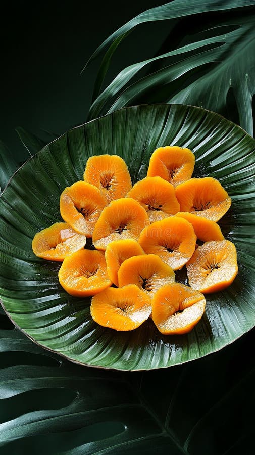 Mango Slices on Palm Leaf Plate. Stock Photo - Image of green, palm ...
