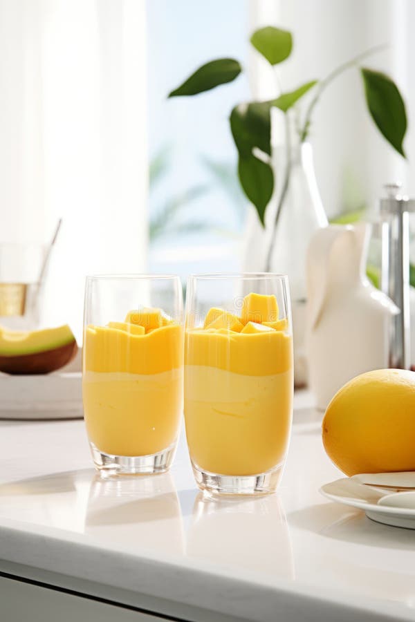 Mango Smoothie in Glasses in White Modern Kitchen on the Table Stock ...
