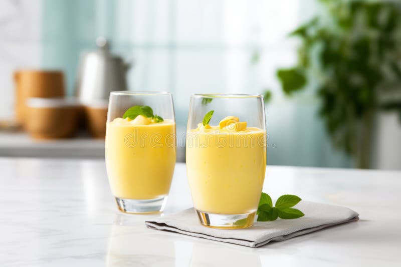 Mango Smoothie in Glasses in White Modern Kitchen on the Table Stock ...