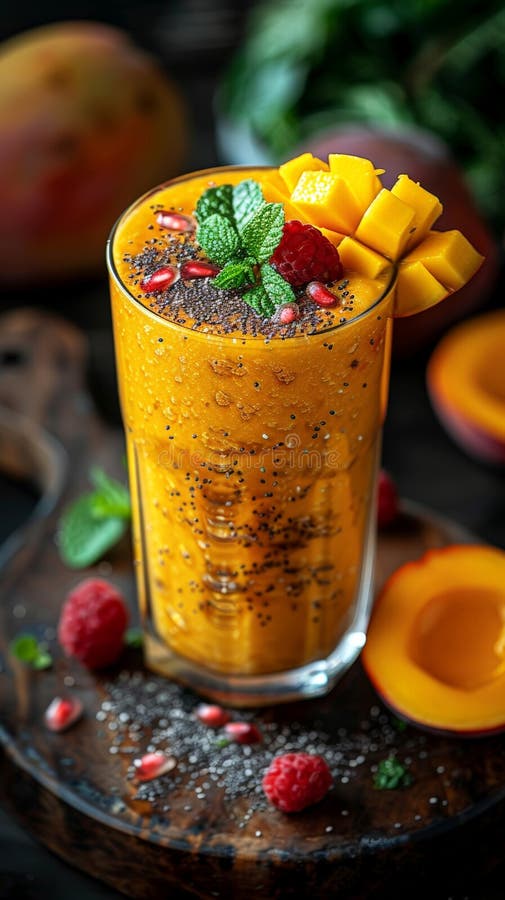 Mango Smoothie with Raspberry and Chia Seed Topping, Perfect for ...