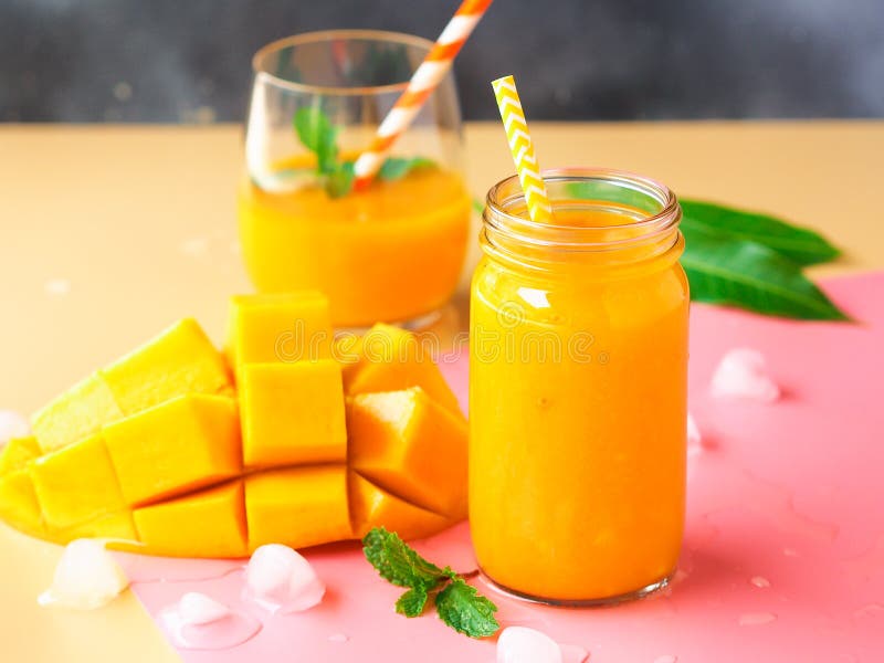 Mango Smoothies Glasses with Fresh Ripe Mango. Stock Photo - Image of ...