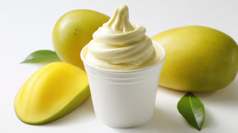 A Mango Soft Serve Ice Cream in a Plain White Cup, Fresh Mango Surround ...