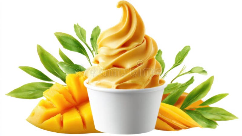 A Mango Soft Serve Ice Cream in a Plain White Cup, Fresh Mango Surround ...