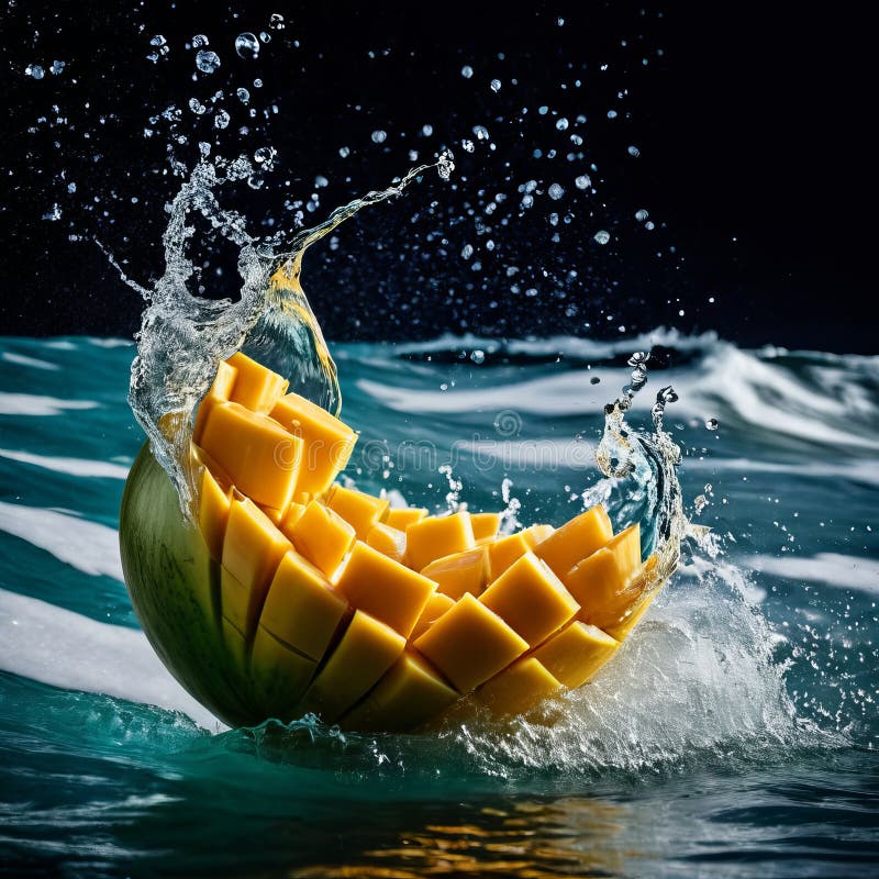 Splash Water Mango Emerging from a Wave Sparkling in the Clean Light ...