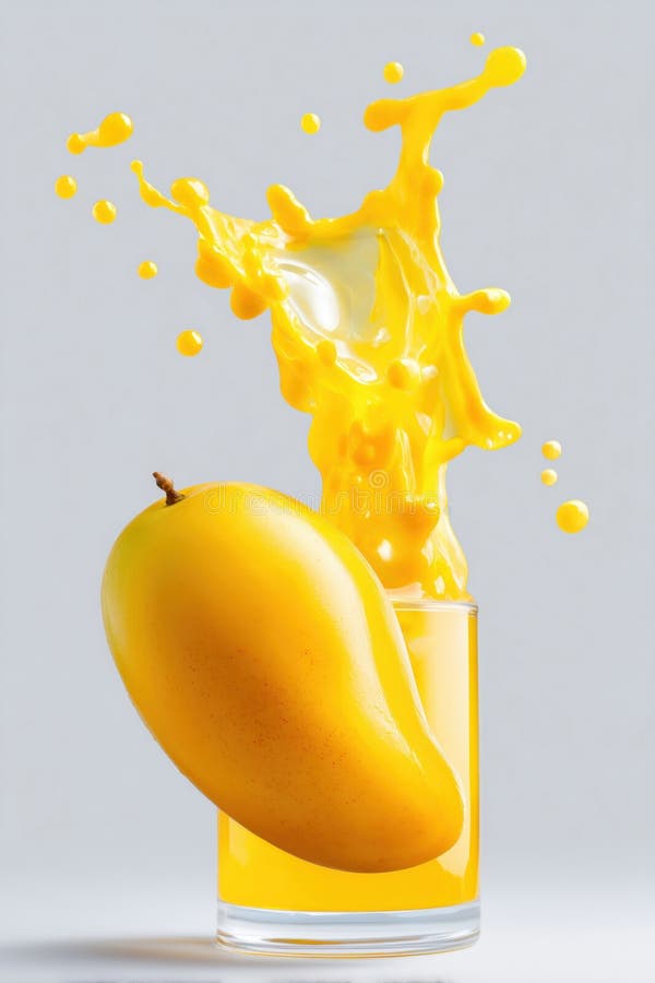 Mango Splashes into Clear Juice Creating a Lively Freeze Frame. Bright ...