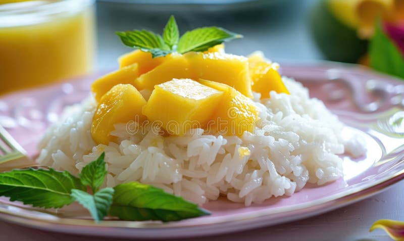 Mango Sticky Rice Coconut Milk Pastel Pink Plate Stock Photos - Free ...